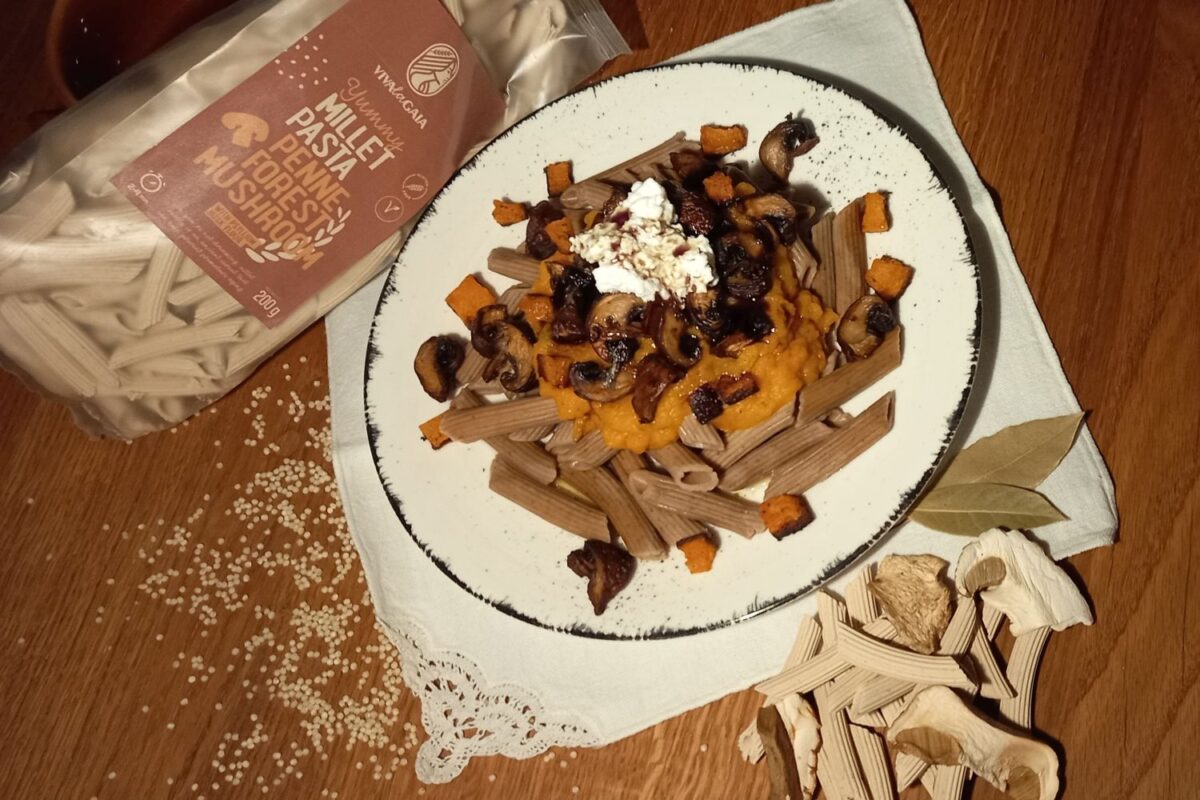Millet - mushroom pasta with Hokkaido pumpkin - Viva La Gaia